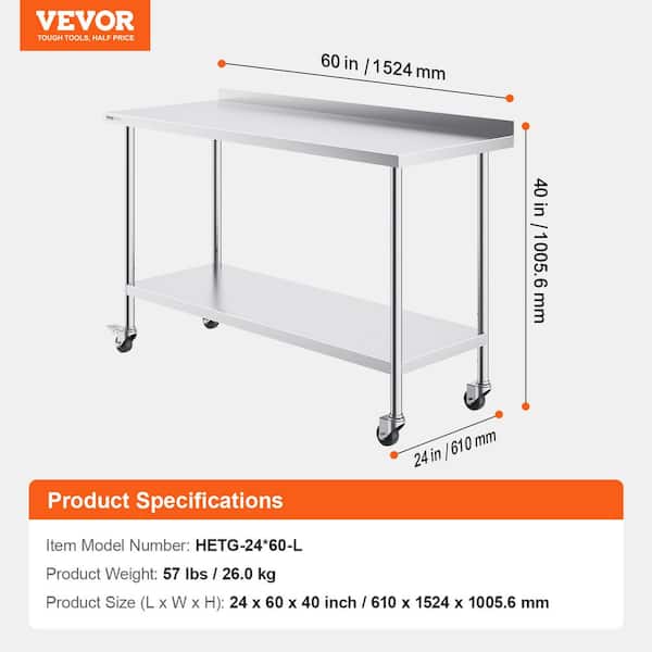 VEVOR 2 4 x 60 x 40 In. Stainless Steel Commercial Kitchen Prep Table with Casters Metal Worktable Adjustable Height Silver CFBXGGZTLCDJBPWUXV0 The Home Depot