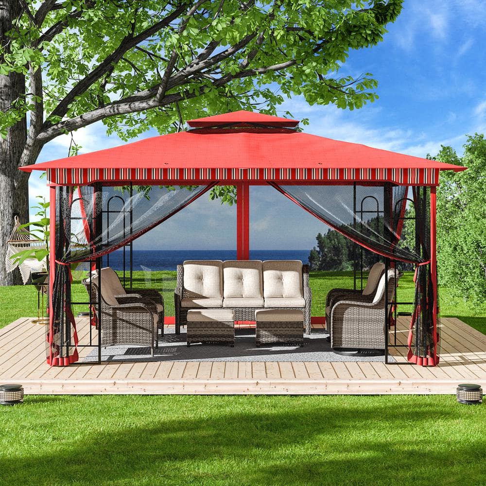 13 ft. x 11 ft. Outdoor Patio Red Steel Gazebo with Mosquito Netting ...