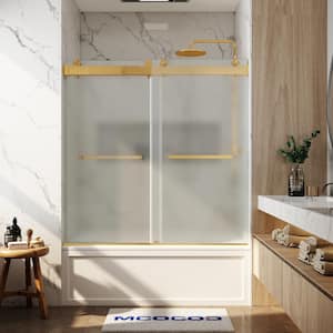 MCOCOD 56-61 in. W x 66 in. H Double Sliding Frameless Smooth Sliding Tub Door in Brushed Gold ...