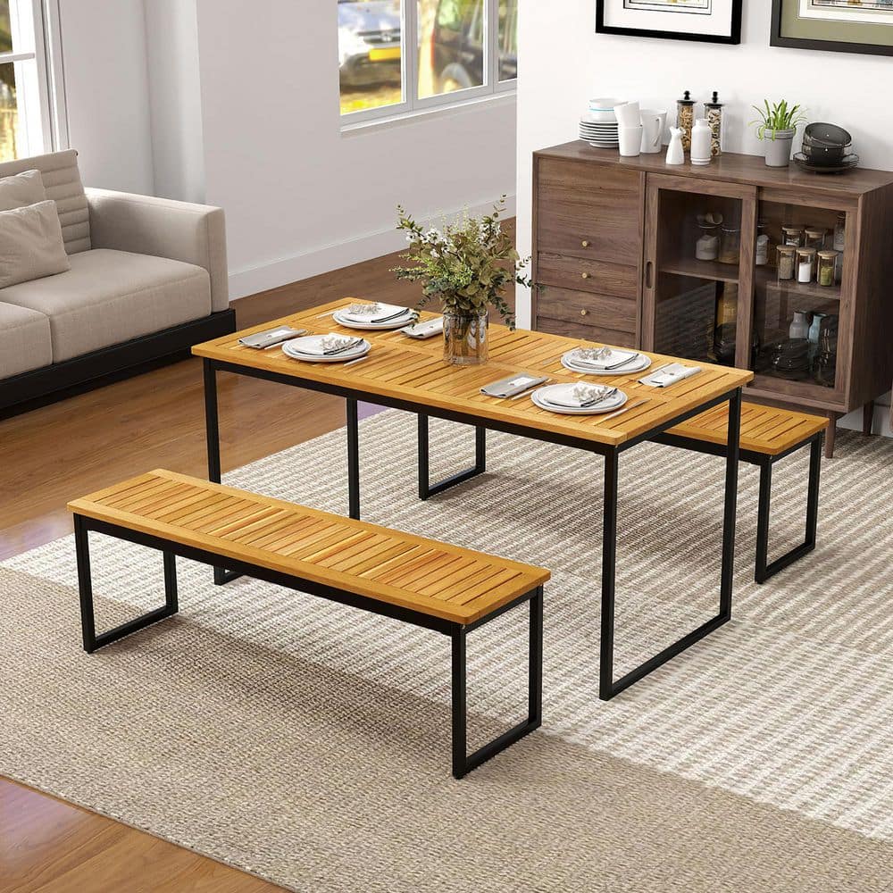 Gymax 2-Pieces 51 in. Wooden Outdoor Bench Patio Dining Bench with ...