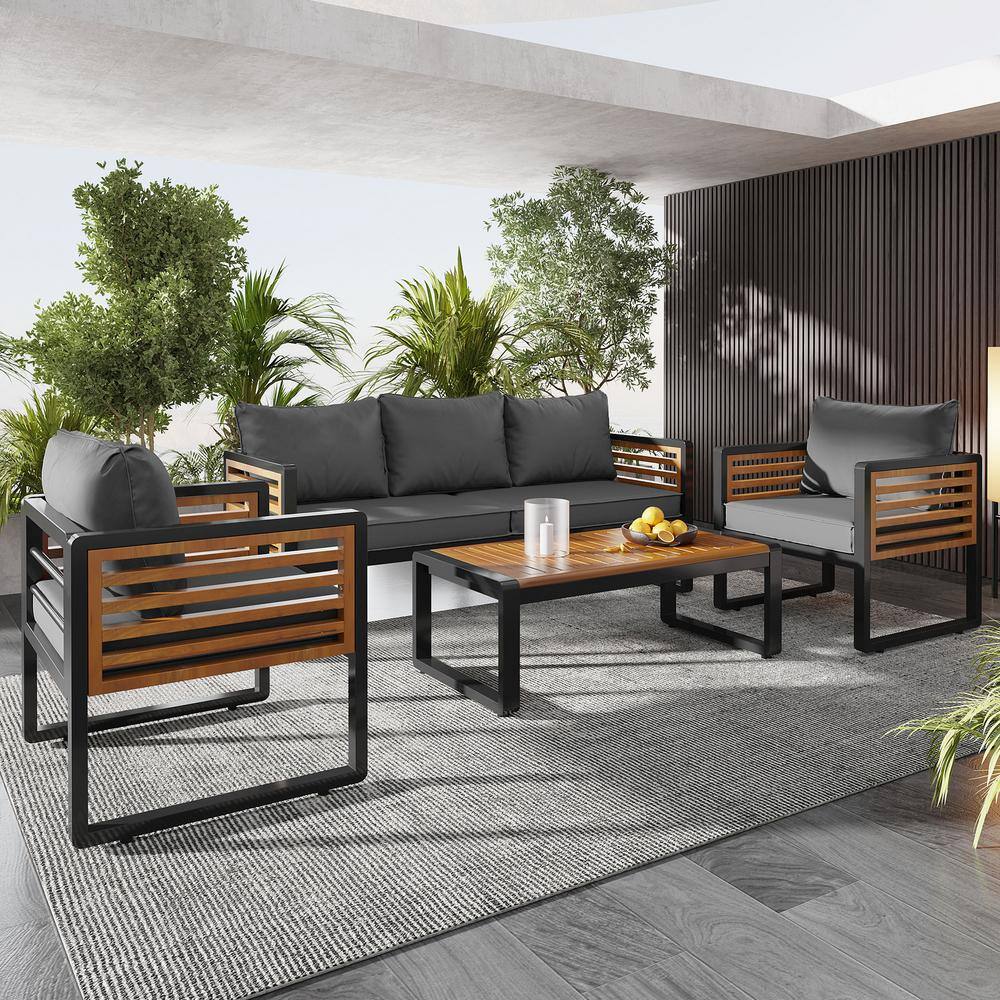Black 4-Piece Wood Patio Conversation Set with Acacia Wood Tabletop ...