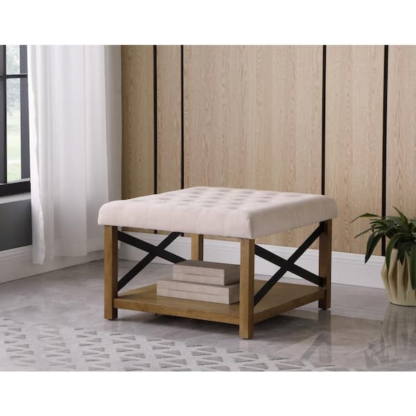 Homepop Cream Microfiber Polyester Tufted Square Storage Ottoman with ...