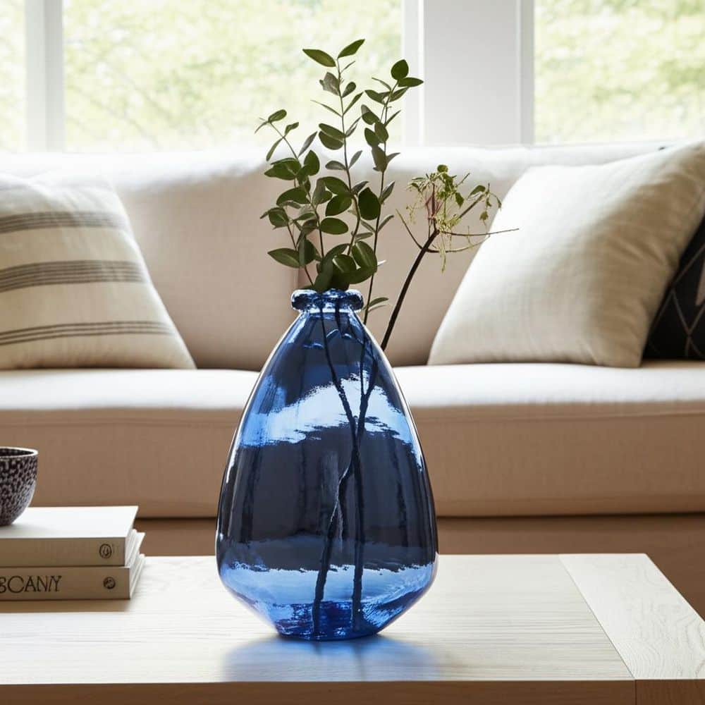 Liv & Skye 15 in. Blue Glass Round Balloon Decorative Vase with Curved ...