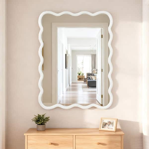 Seafuloy White 30 in. W x 40 in. H Wavy Rectangle Solid Wood Framed ...