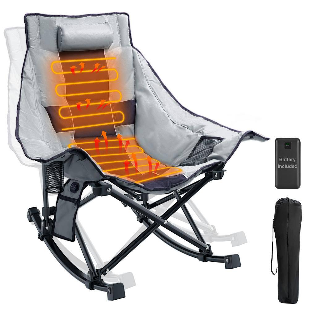 SEEUTEK Grey and Black Oversized Heated Rocking Camping Chair, Portable ...