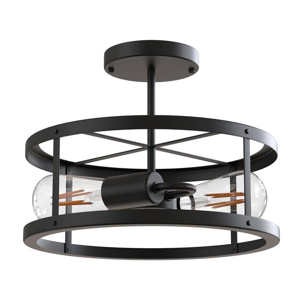 Emeritpro 13 in. 2-Light Matte Black Drum Flush Mount Lighting Dimmable ...