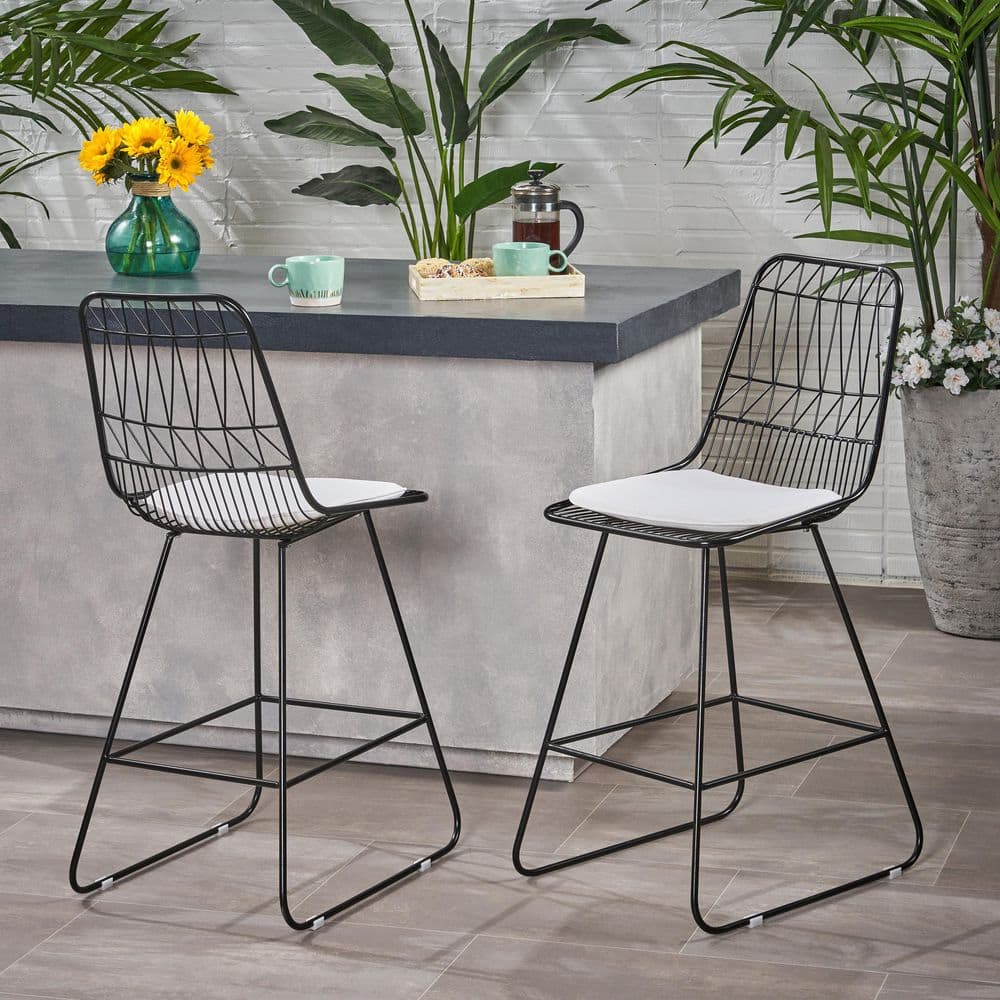 2-Pack Black Metal Outdoor Bar Stools Wire Counter Stools with Ivory ...
