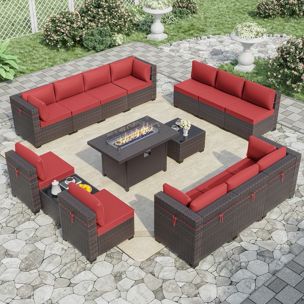 Halmuz 15-Piece Wicker Patio Conversation Set with 55000 BTU Aluminum ...