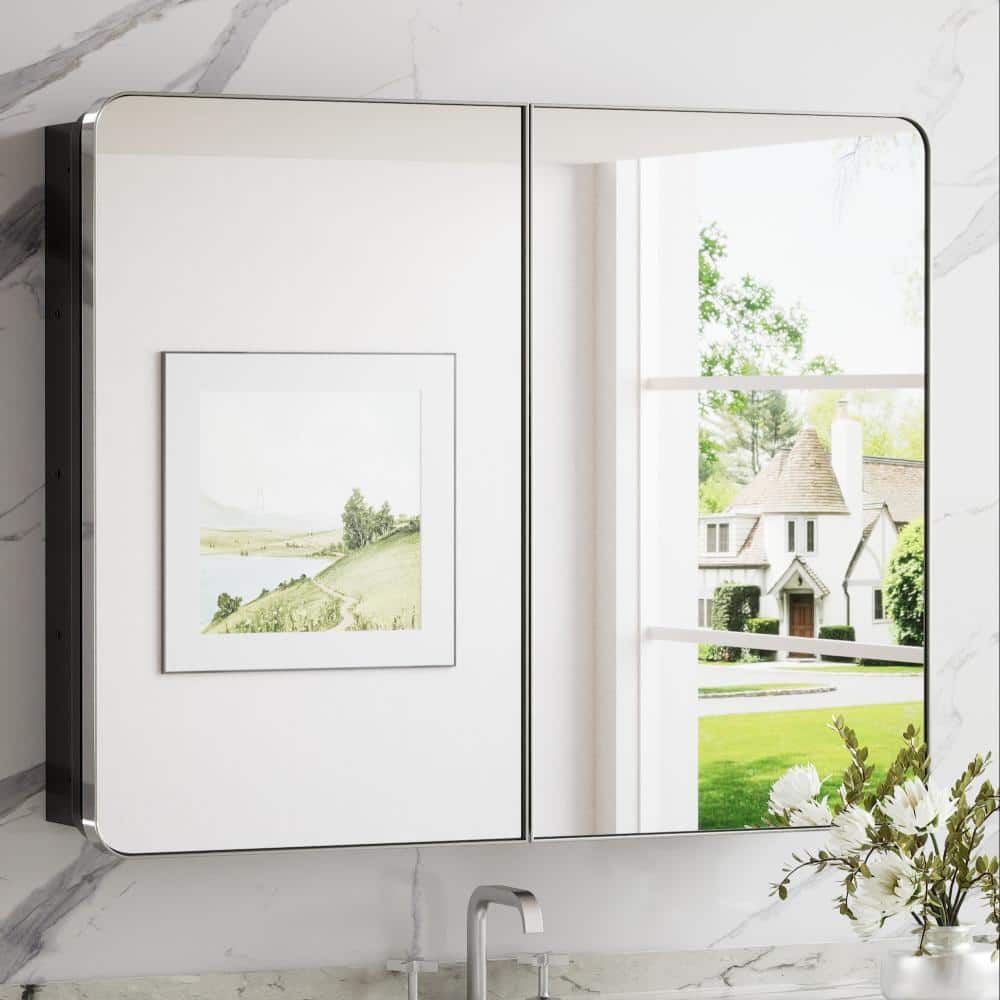 KEONJINN 40 in. W x 32 in. H Rectangular Chrome Stainless Steels Framed ...