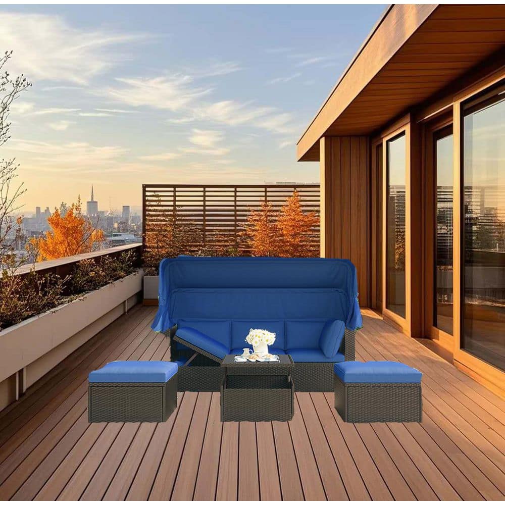 Wicker Outdoor Patio Rectangle Day Bed with Retractable Canopy, Blue ...