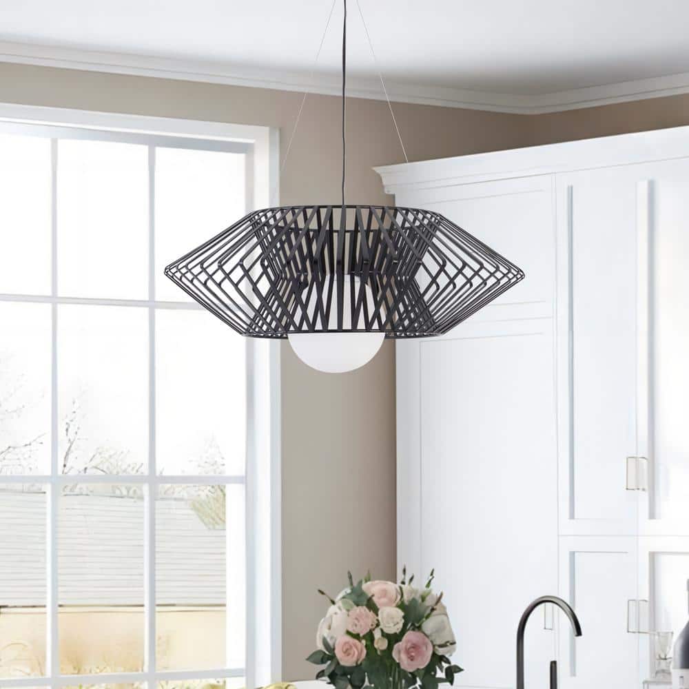 Maxax Frankfort 1-Light Black/White Chandelier with White Glass Shade ...