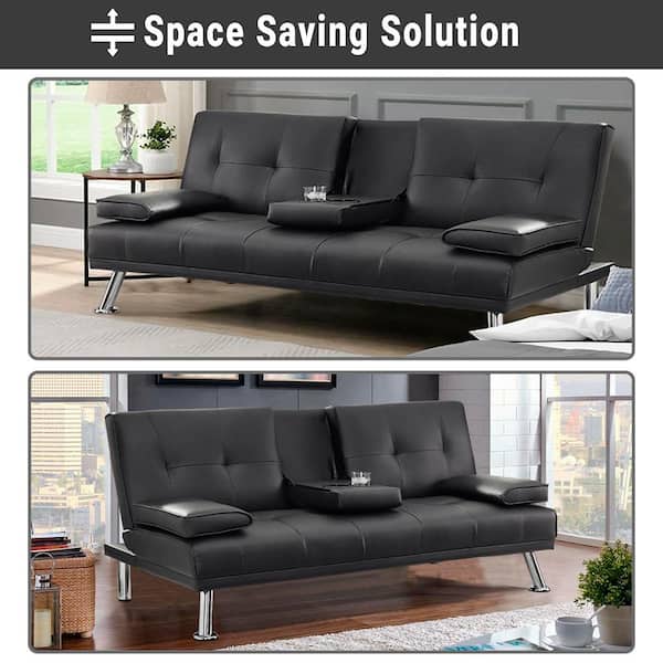 HOMESTOCK Black Futon Sofa Bed Faux Leather Futon Couch with Armrest and 2 Cupholders Sofa Bed Couch Convertible with Metal Legs 99918