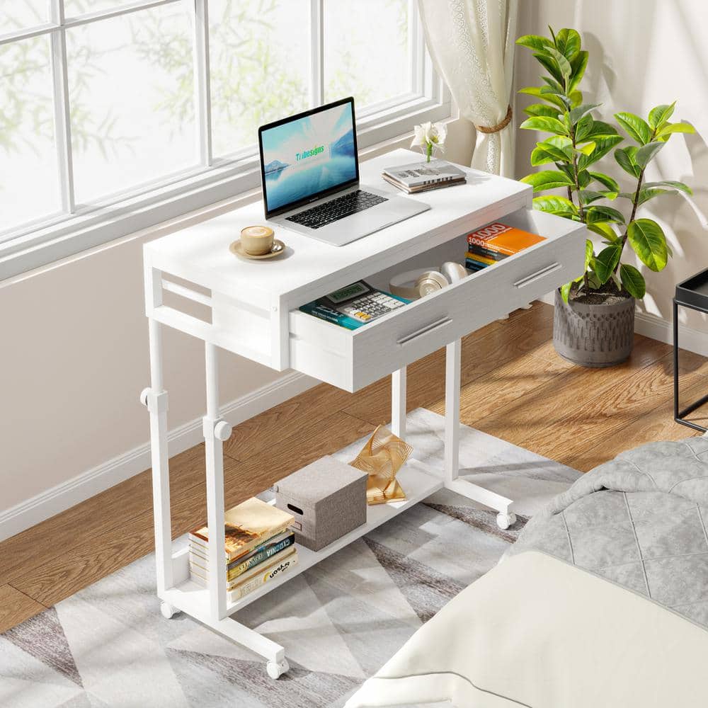 BYBLIGHT Kerlin 31.49 in. White Rectangular Wood Top Side Table with ...