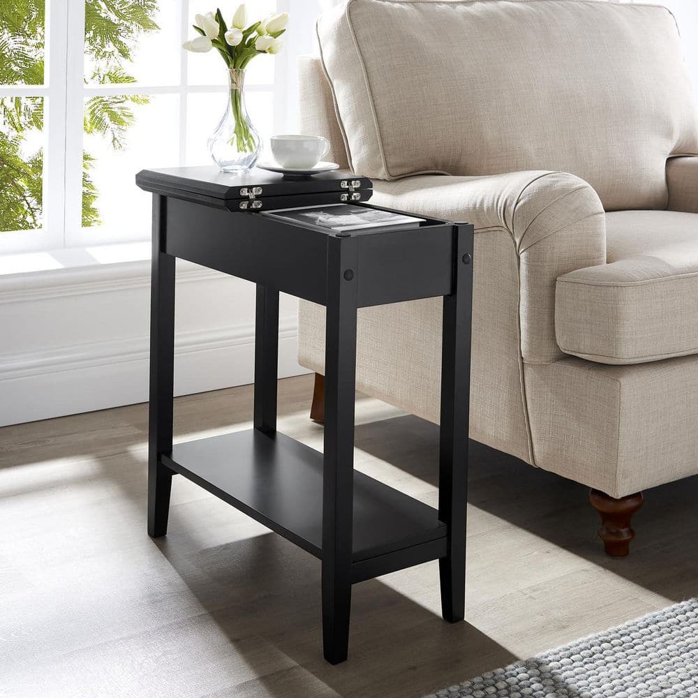MAYKOOSH 11 in. Black Slim Flip-Top End Table with Drawer and Shelf ...