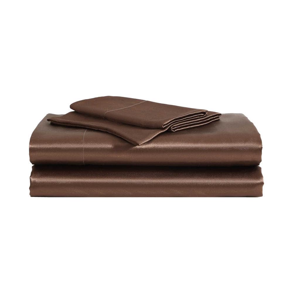 BETSEY JOHNSON Solid Satin 4-Piece Espresso Brown Satin Full Sheet Set ...