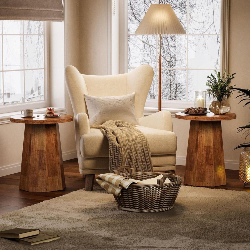 BYBLIGHT Kerlin 19.69 in. Mix Brown Round Wood End Table Set of 2 ...