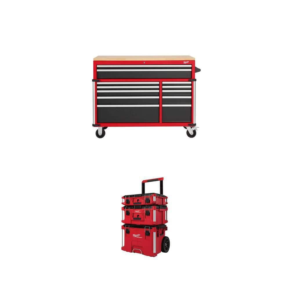 Milwaukee 52 in. W x 22 in. D Red Mobile Workbench Cabinet and PACKOUT ...