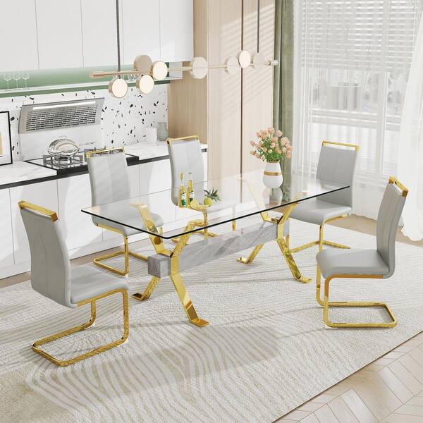 Polibi Modern Rectangle Clear Glass Pedestal Dining Table Seats for 6 79.00 in. L x 30.00 in. H RS 45912 3