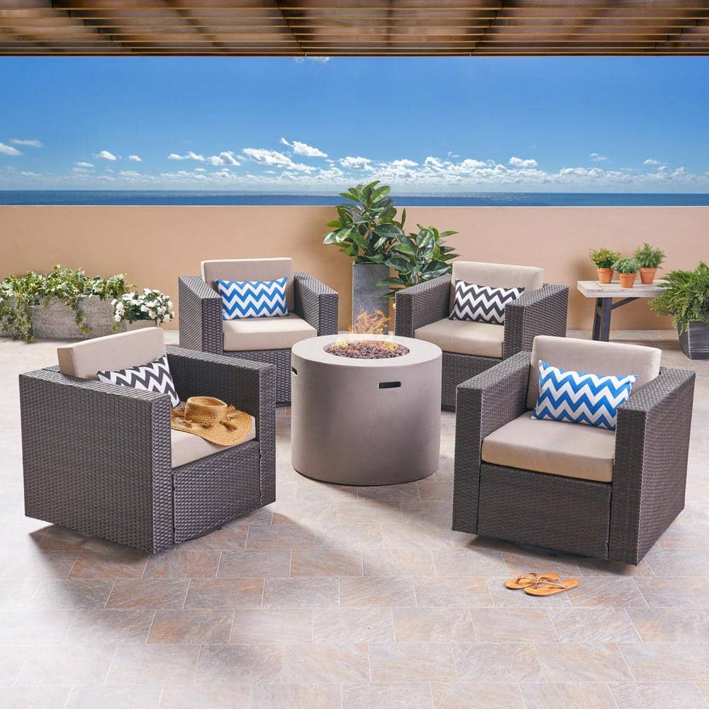 Noble House Eli Dark Brown 5-Piece Faux Rattan Patio Fire Pit ...