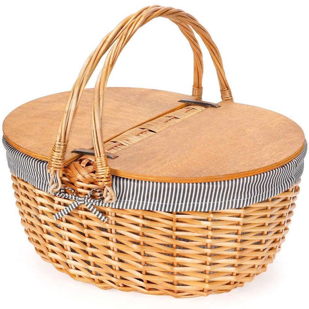 Numhew 1-Piece Grey Stripe Wicker Picnic Basket Set with Removable ...