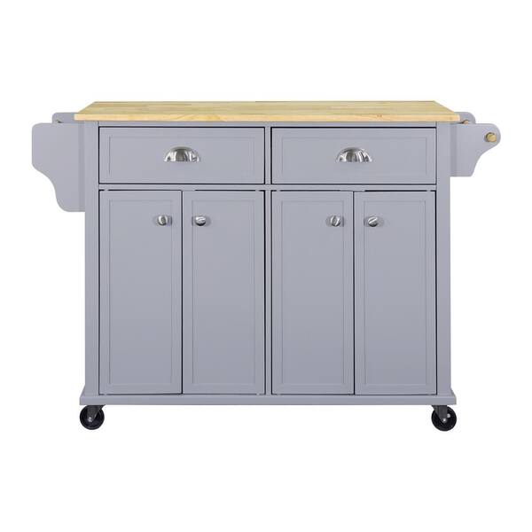 Gray Rubber Wood Kitchen Cart with Drop Leaf, 4-Door Cabinet, 2-Drawers ...