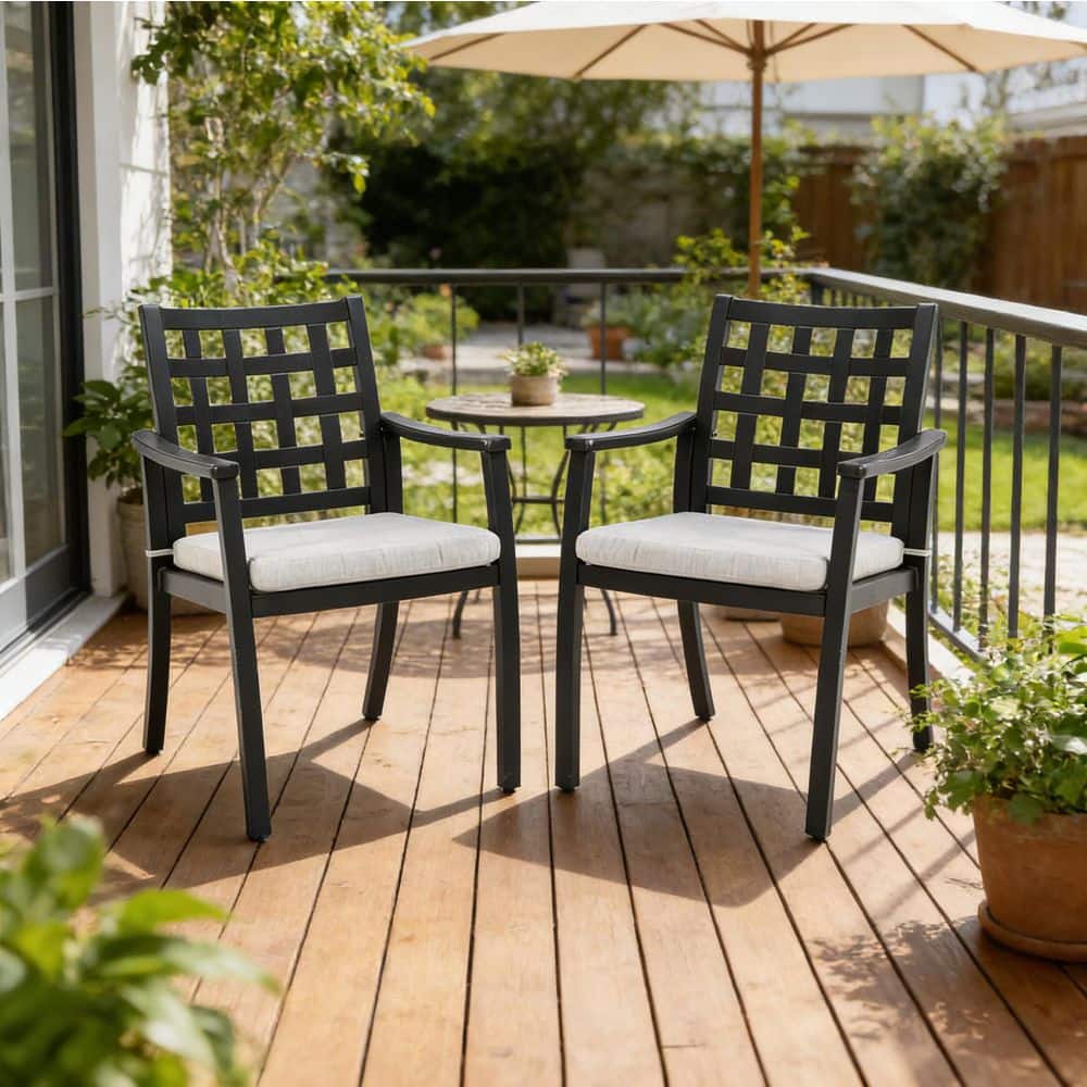 Black Aluminum Outdoor Dining Chair with Sunbrella Gray Cushions (2 ...