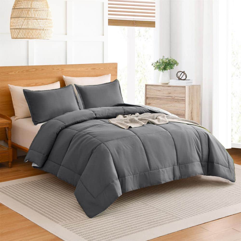 Wellco 3pc Luxurious Reversible Polyester Gray King Comforter Set Soft ...