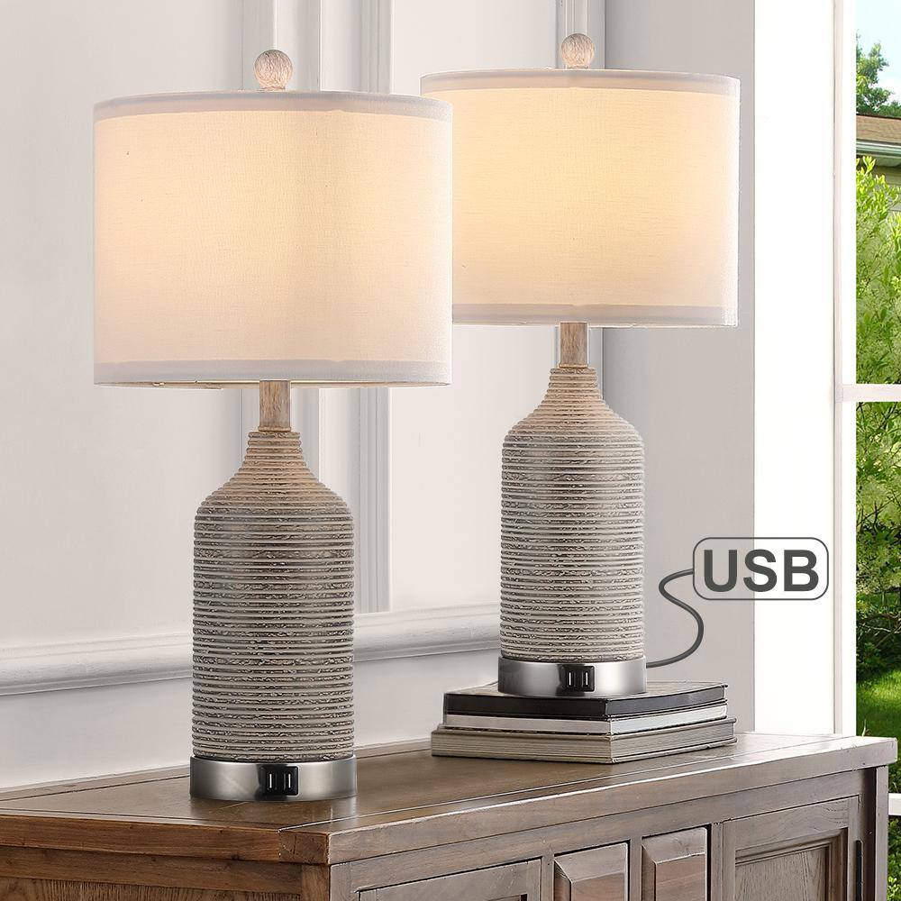 TRUE FINE 22.7 in. Bronze and Brushed Nickel Table Lamp with Double USB ...