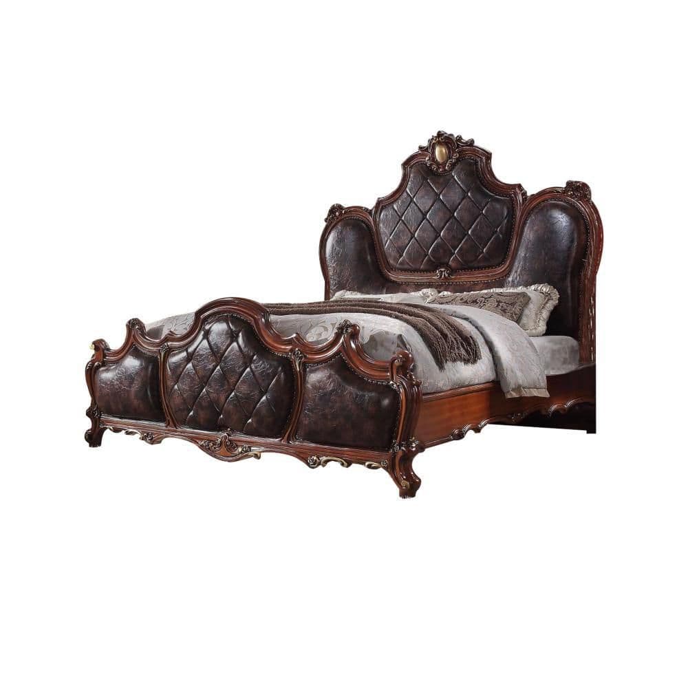 Benjara Eastern Brown Wood Frame King Size Panel Bed with Leatherette ...