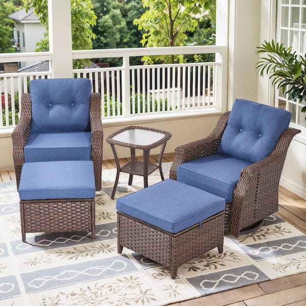 Gymojoy Henn Brown Rattan 5-Piece Outdoor Conversation Sets with Blue Cushions, 2 Swivel Sofa ...