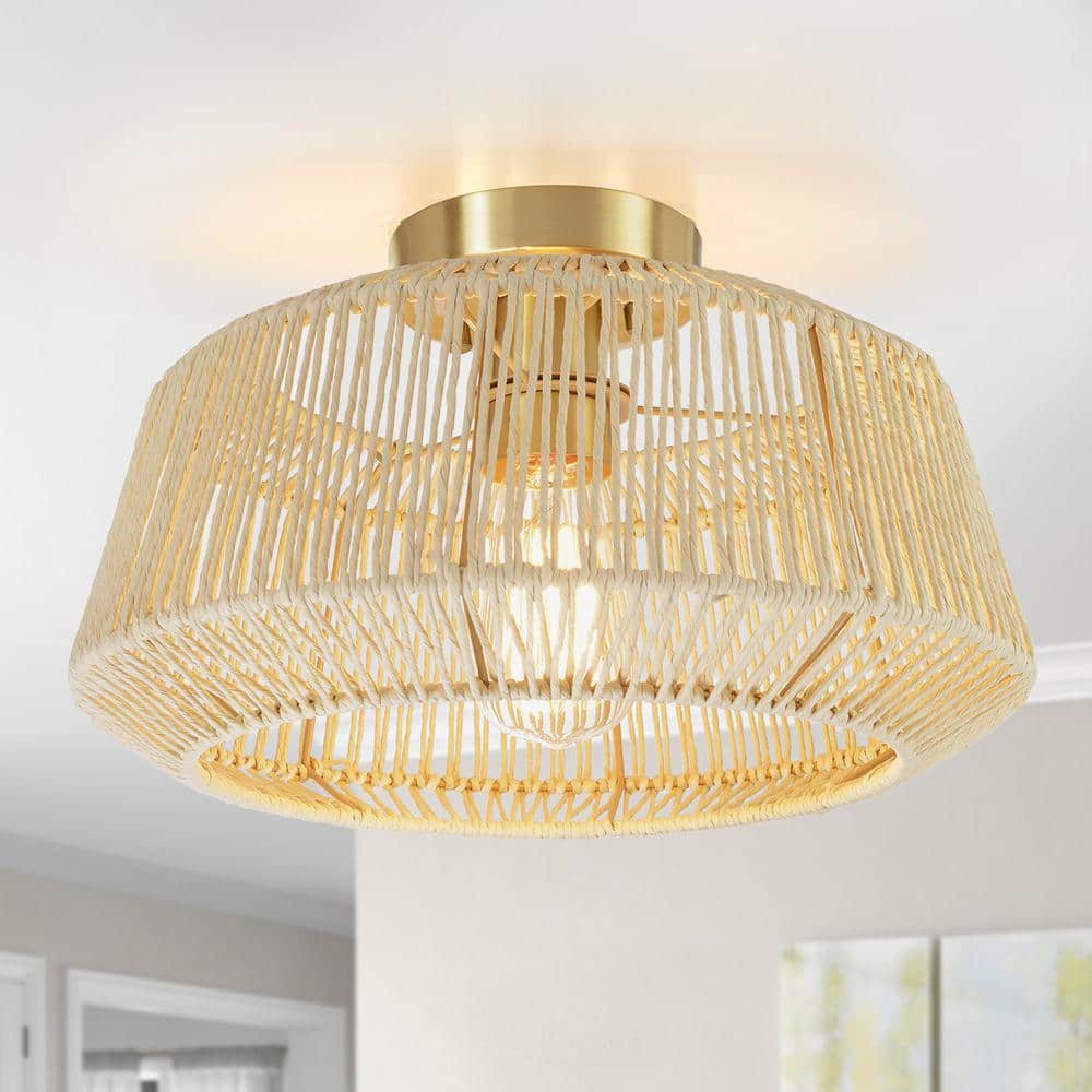 Prime Ray Ember 14 in. 1-Light Bohemian Rattan Semi-Flush Mount Ceiling ...