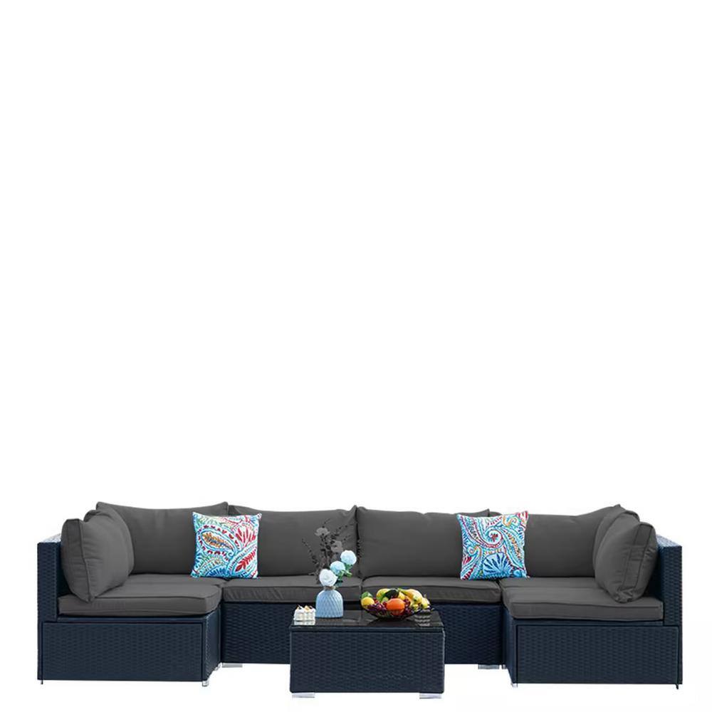 Cesicia Black 7-Piece Wicker Outdoor Sectional Sofa Set with Gray ...