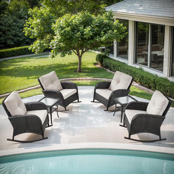 Opohoro Black 6-Piece Wicker Outdoor Rocking Chairs Patio Conversation ...