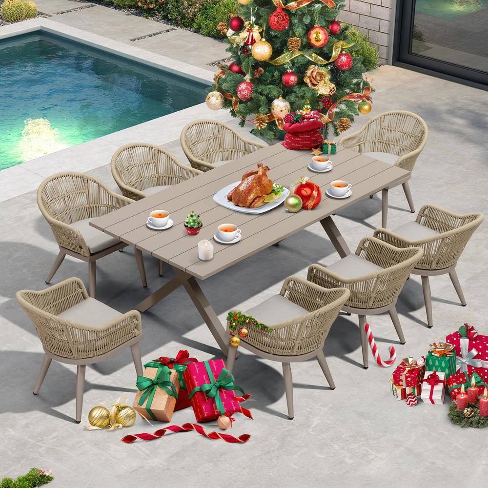 PURPLE LEAF 9-Piece Aluminum All-Weather PE Rattan Rectangular Outdoor ...