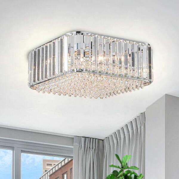 13.38 in. 4-Light Modern Transitional Chrome Square Flush Mount Ceiling ...