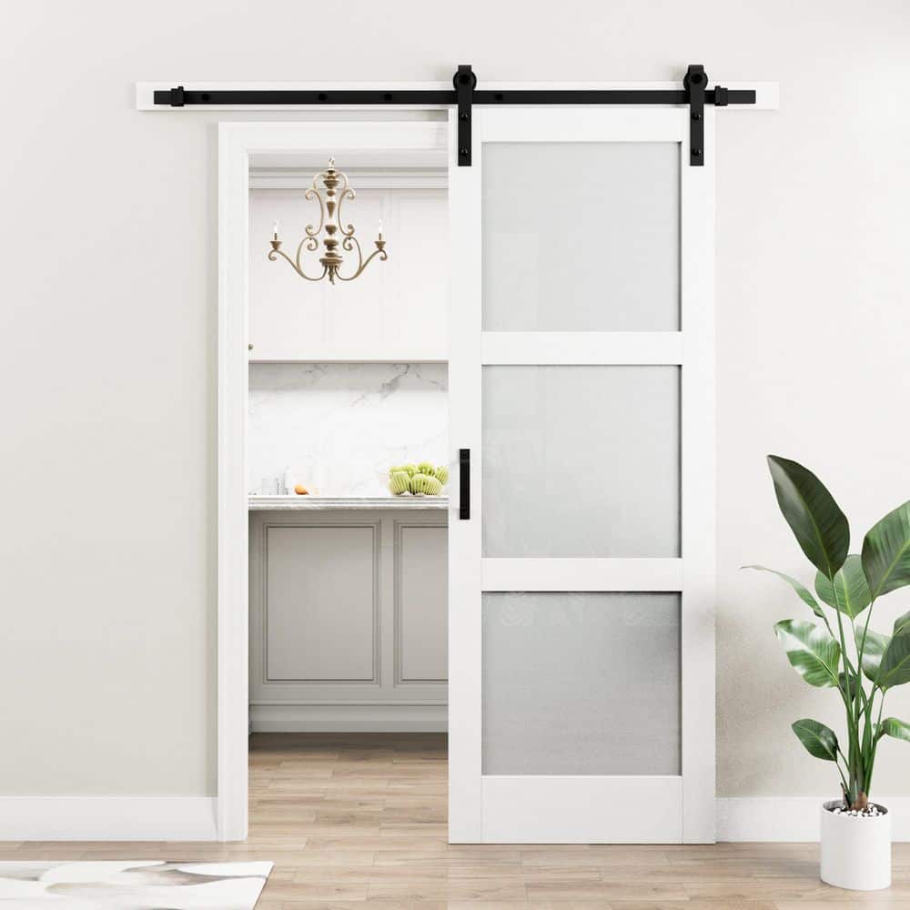 EH PUERTA 30 in. x 84 in. 3 Lite Tempered Frosted Glass White Finished ...