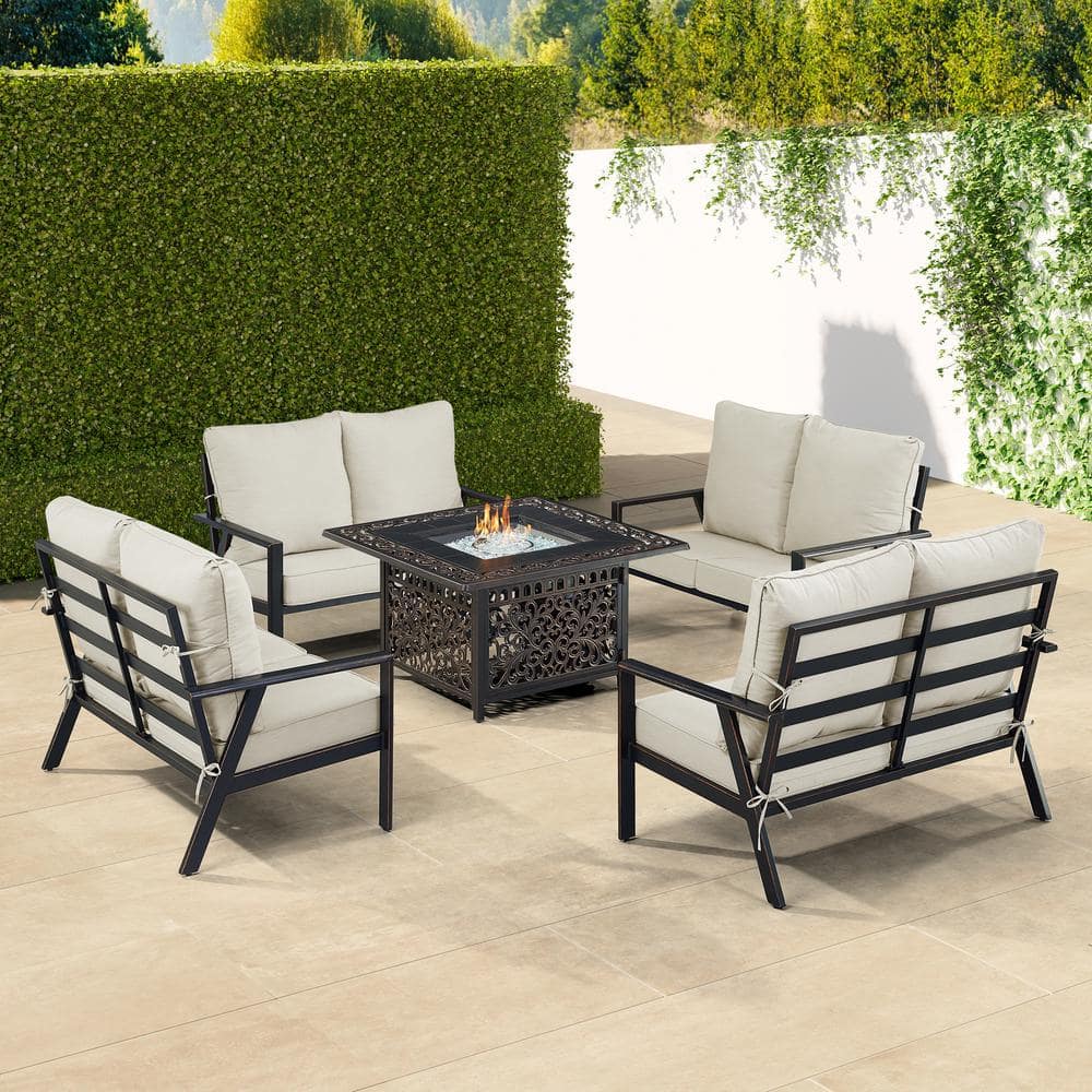Oakland Living Black 5-Piece Aluminum Patio Fire Table Set with Light ...