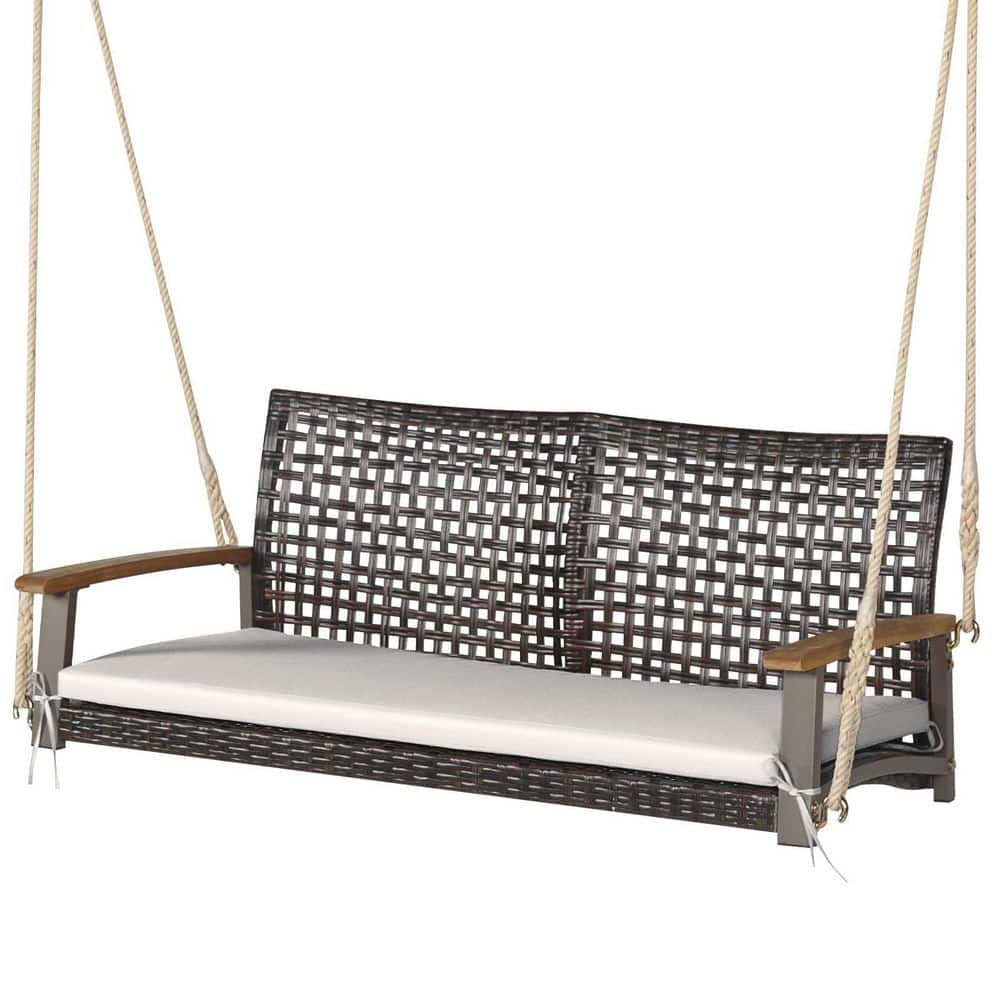 Oyezvary 2-Person PE Wicker Porch Swing with 118 Hanging Ropes ...