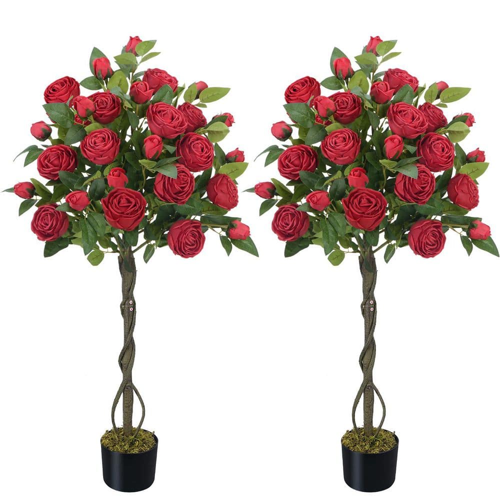 2-Pack 4 ft. Artificial Red Rose Trees in Black Pots-52 Blooming ...