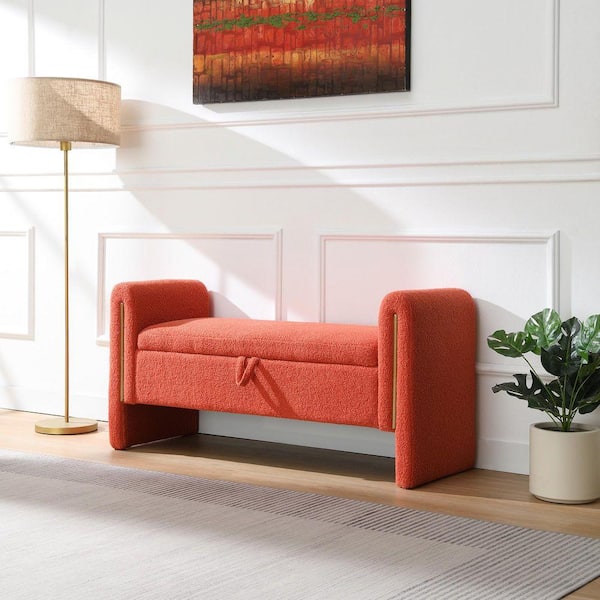 Orange 52 in. Teddy Bedroom Bench with Arms and Storage Upholstered ...
