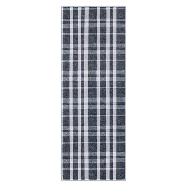 World Rug Gallery Modern Plaid Machine Washable 2'6"x10' Black Runner ...