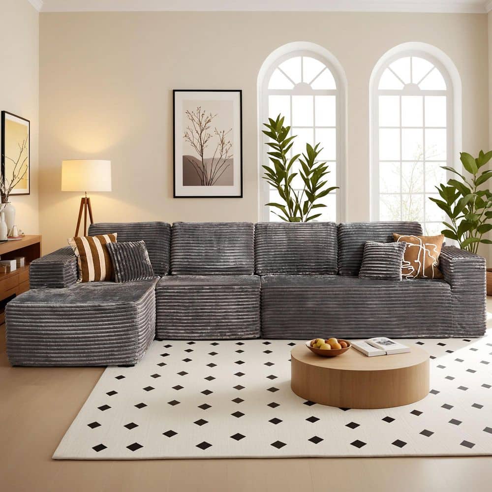 Allwex VC 140 in. Wide Arm 3-Piece Modern Plush Corduroy L-Shape ...