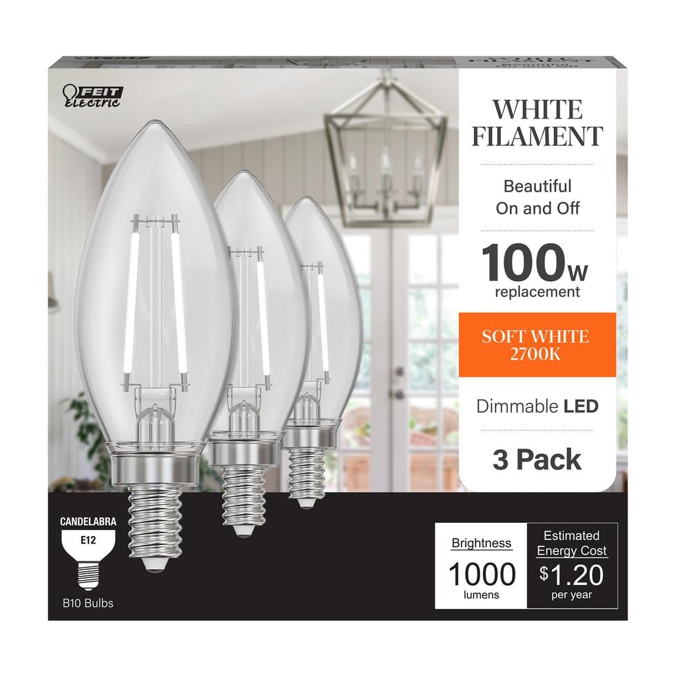 Feit Electric 100-Watt Equivalent B10 E12 Candelabra Dimmable White ...