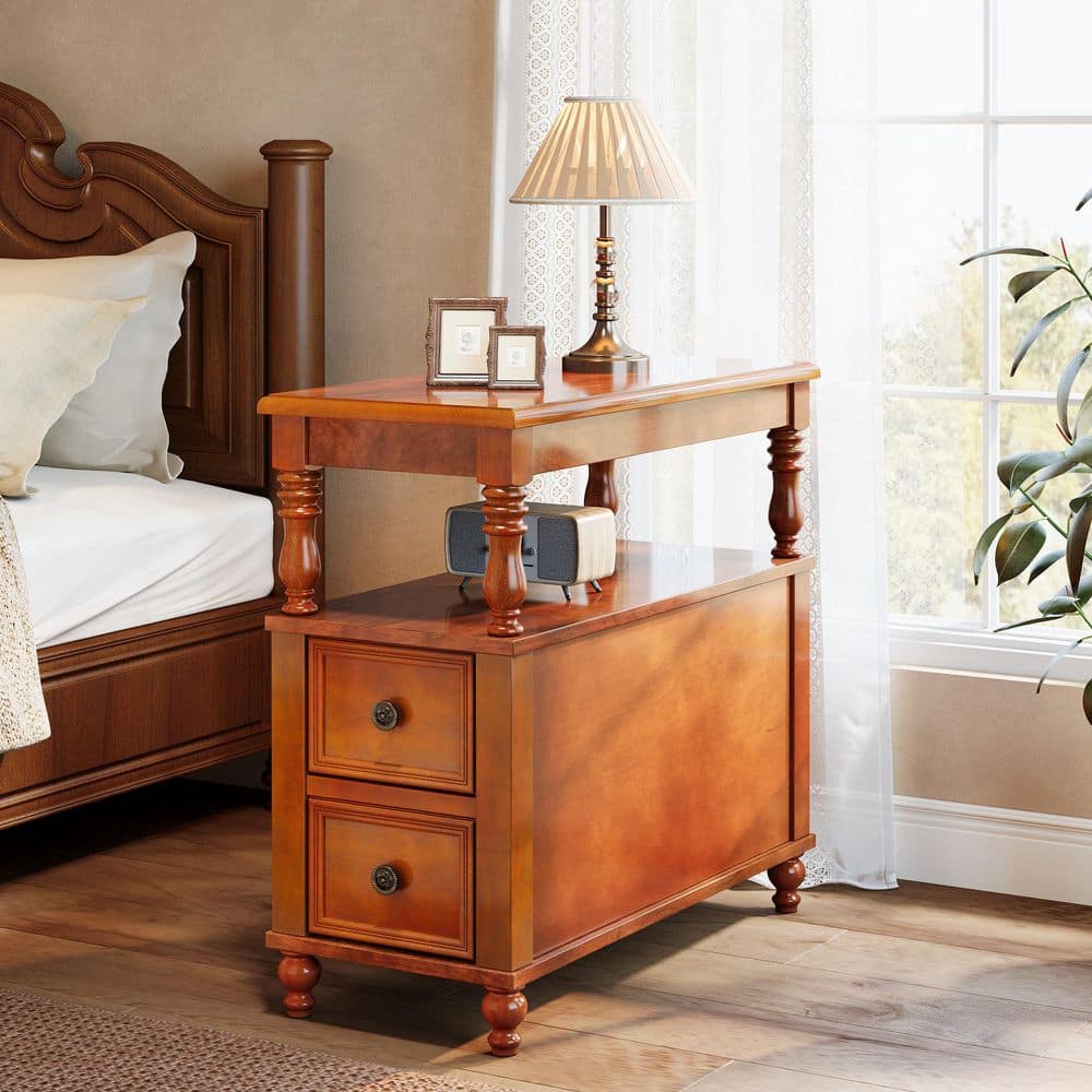 BYBLIGHT Brown 2-Drawer 11.8 in. W x 23.62 in. D Solid Wood Nightstand ...