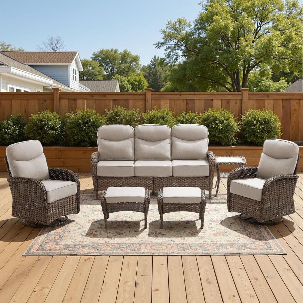 Pocassy High Crescent 6-Piece Brown Wicker Patio Conversation Set with ...