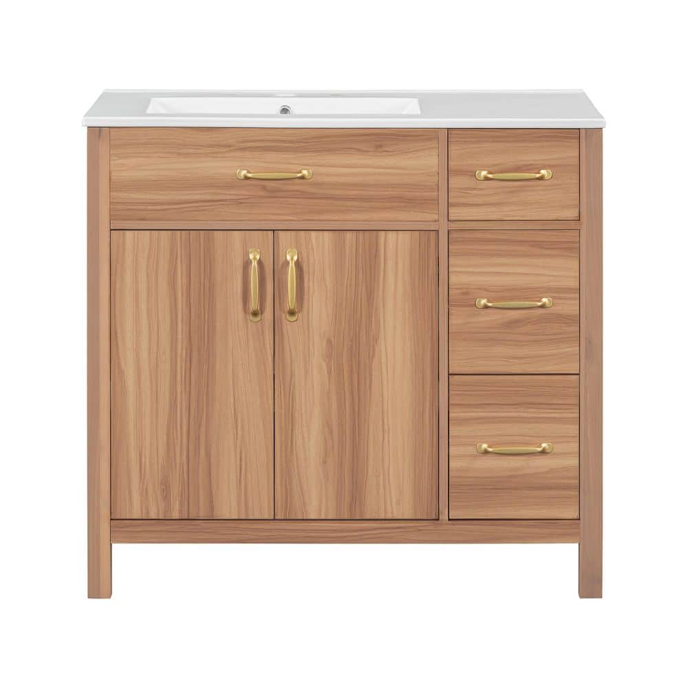 ANGELES HOME 36 in. OAK Solid Wood Frame Bath Vanity with White Ceramic ...