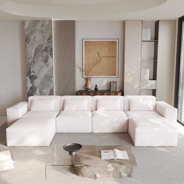 J&E Home 149.62 in. Square Arm Velvet Fabric U-Shaped Modular Sofa in ...