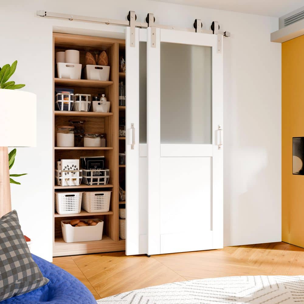 TENONER (Double 32) 64 in. x 80 in. Half Frosted Glass White Primed ...