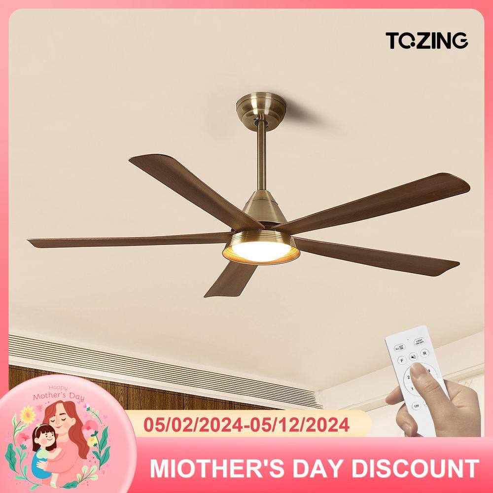 TOZING 52 in. Smart Industrial Indoor LED Wood and Black Semi Flush ...