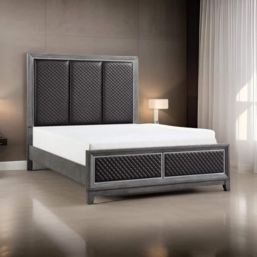Benjara Stacy Gray and Silver Wood Frame Queen Size Panel Bed with ...